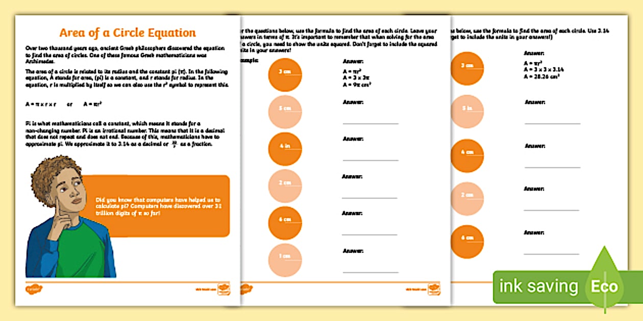 Area of a Circle Equation Worksheet | Math Resource | Twinkl