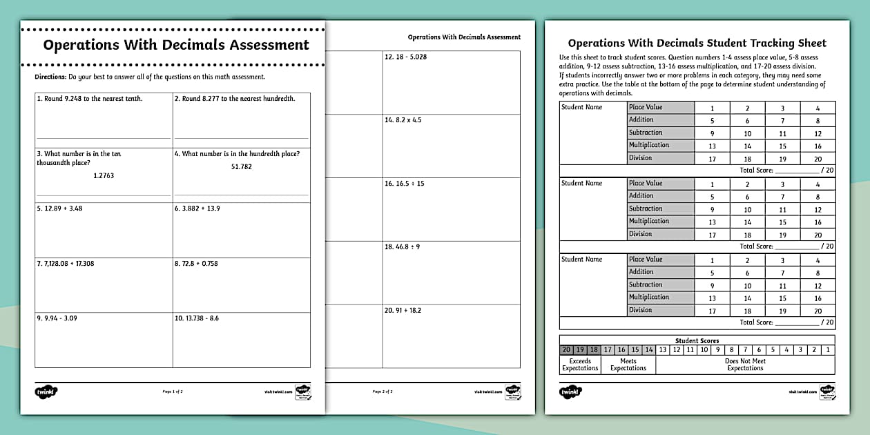 Middle School Operations With Decimals Initial Assessment