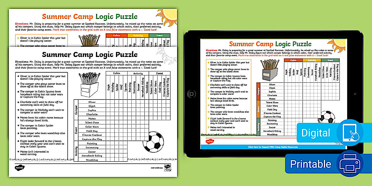 Summer Camp Logic Puzzle for 6th-8th Grade - Twinkl