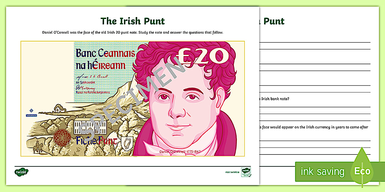 Black and White Daniel O'Connell Old Irish Punt Bank Note Study Worksheet
