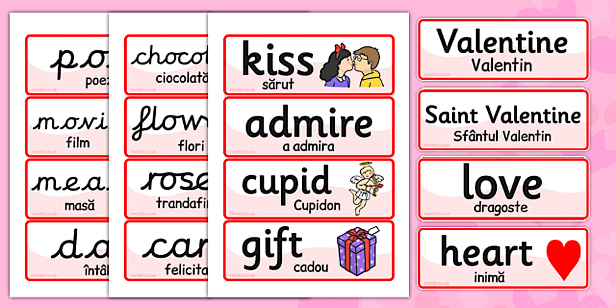 Valentines Day Word Cards EAL Romanian Translation - romanian