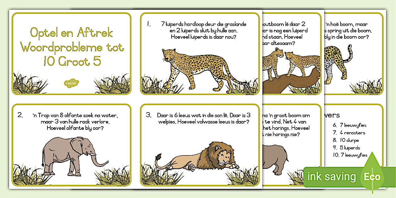 Graad R: Optel en Aftrek Woordprobleme Tot 10 Groot 5