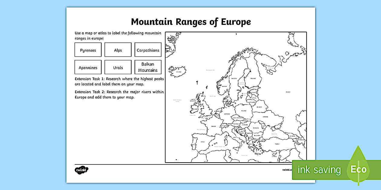 Europe Mountain Ranges Worksheet (profesor hizo) - Twinkl