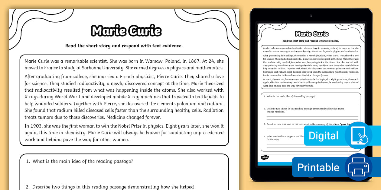 Prove It! Marie Curie Text Evidence Worksheet for 6th-8th Grade