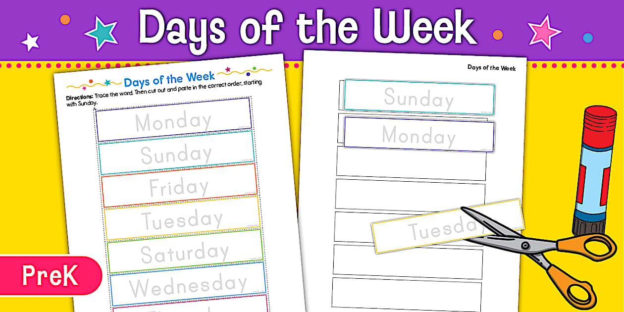 Prekindergarten Days of Week Trace, Cut, and Paste Worksheet