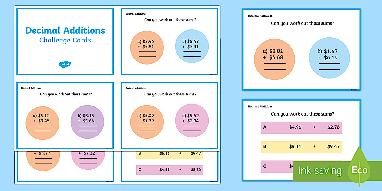 Decimals Additions Maths Challenge Cards (Teacher-Made)