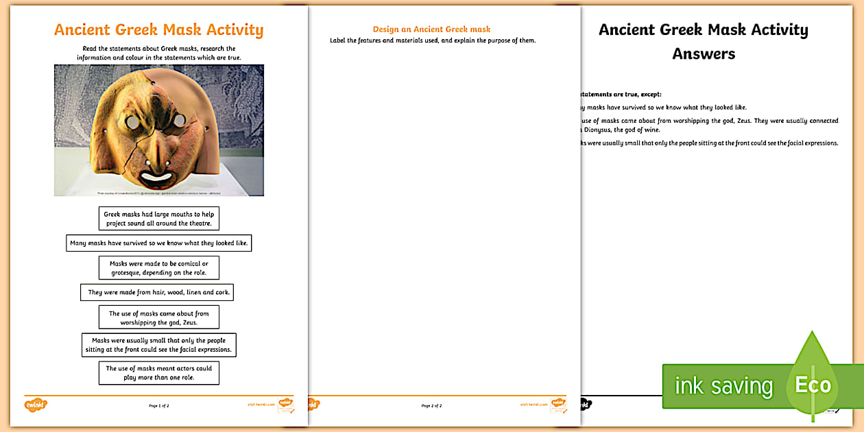 Ancient Greek Masks Worksheet - KS2 (teacher made) - Twinkl