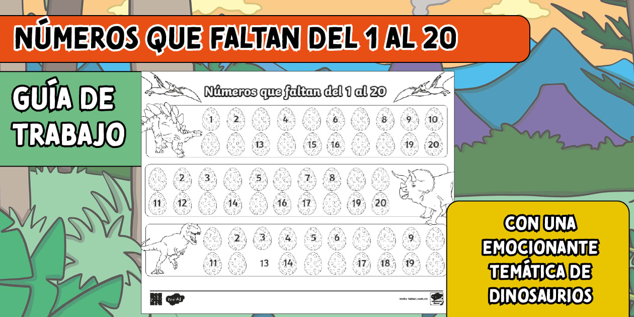 Guía de trabajo: Números que faltan del 1 al 20 - Dinosaurios