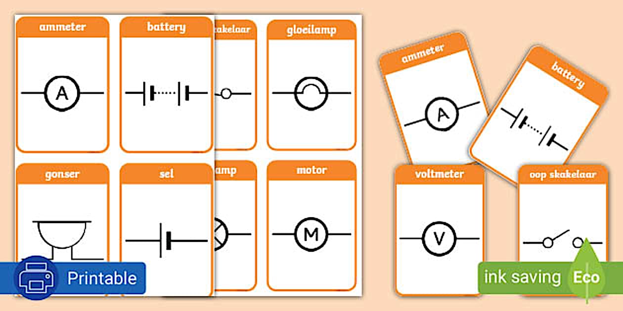 Elektriese Stroombaan Komponente en Simbole Flitskaarte