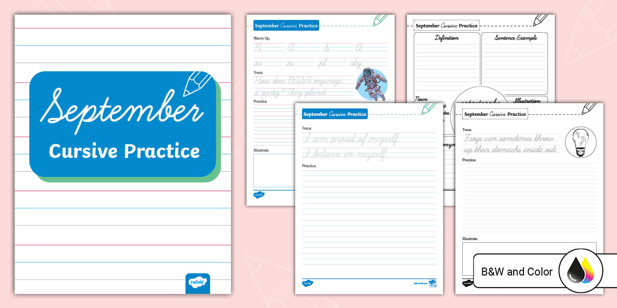 Fourth Grade September Cursive Practice Pack