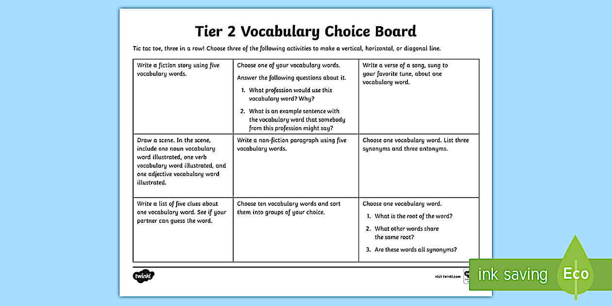 Tier 2 Vocabulary Choice Board Worksheet (teacher made)
