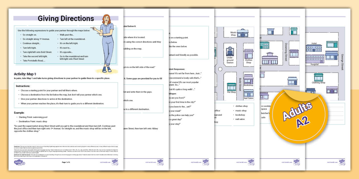 ESL Giving Directions Activity Sheet [Adults, A2] - Twinkl