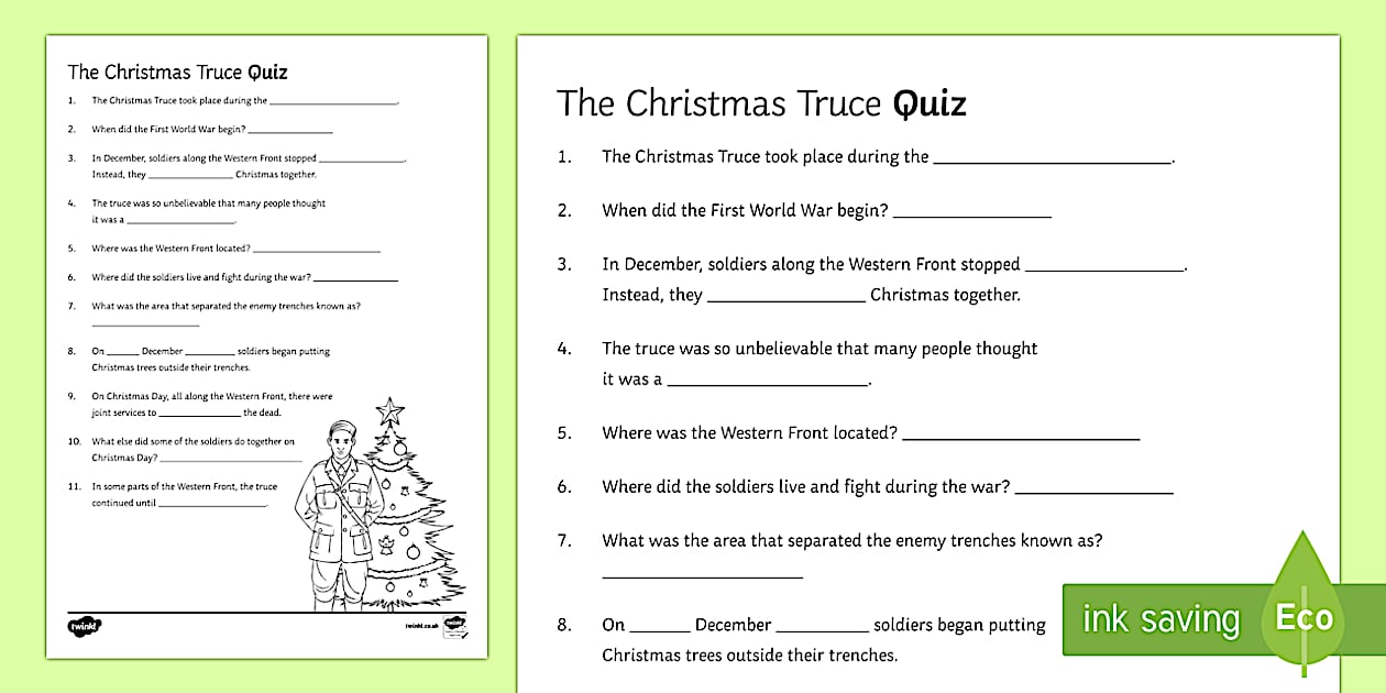 Christmas Truce 1914 Quiz Worksheet / Worksheet - Twinkl