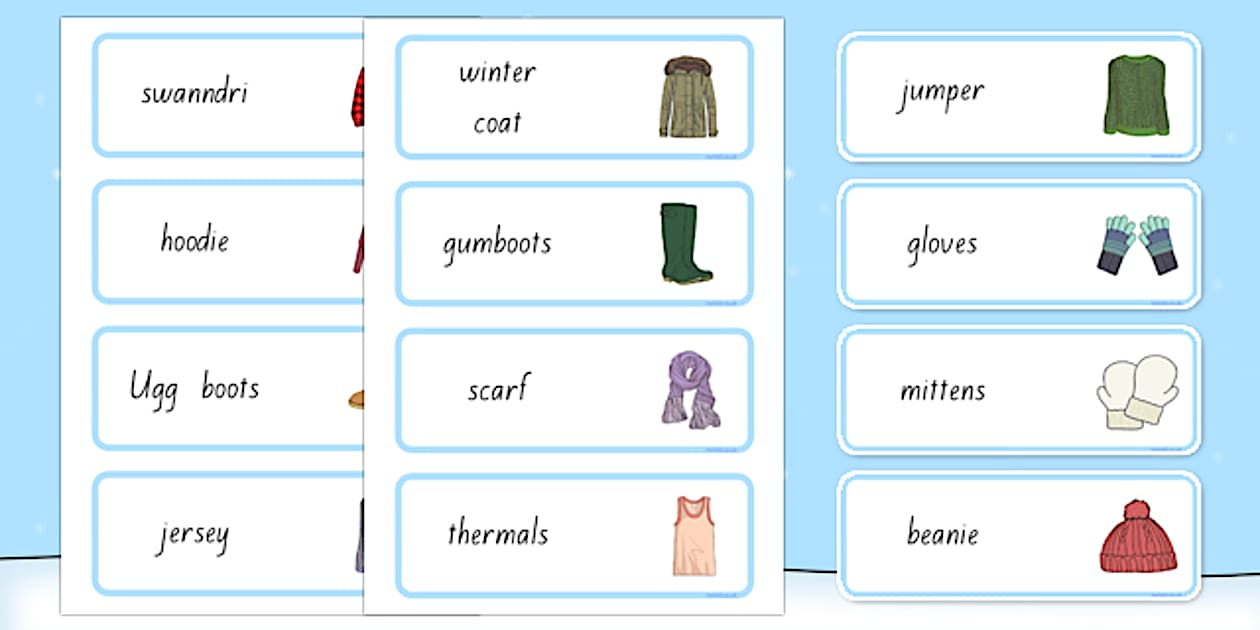 New Zealand Winter Clothes Word Cards