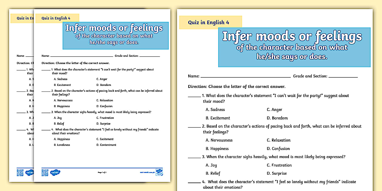 Grade 4 English Quiz - Infer moods and feelings