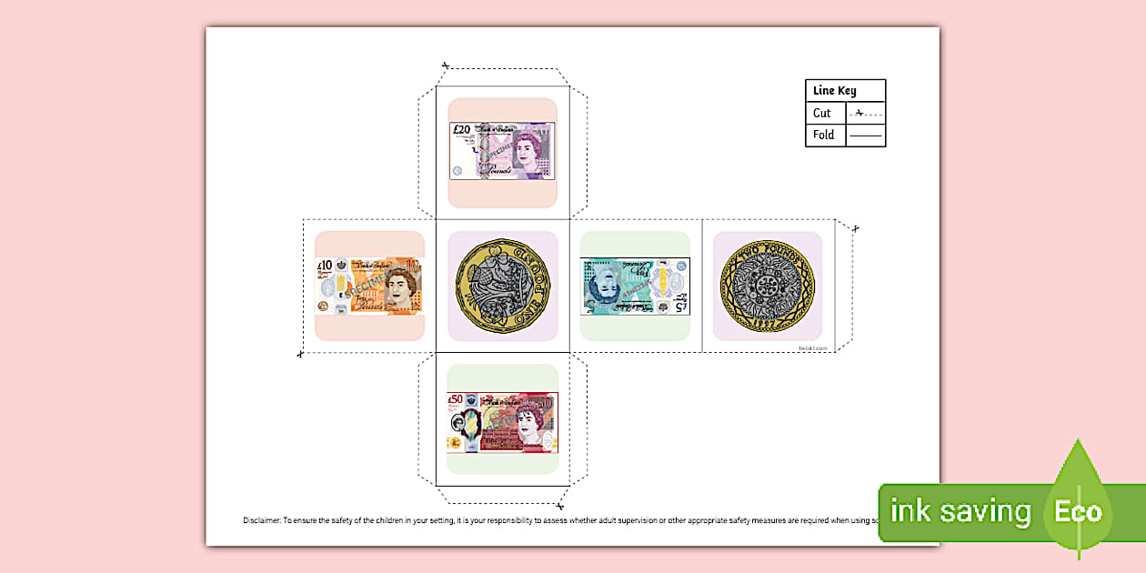 British Coins and Notes Dice Net - Twinkl - KS1 - Twinkl