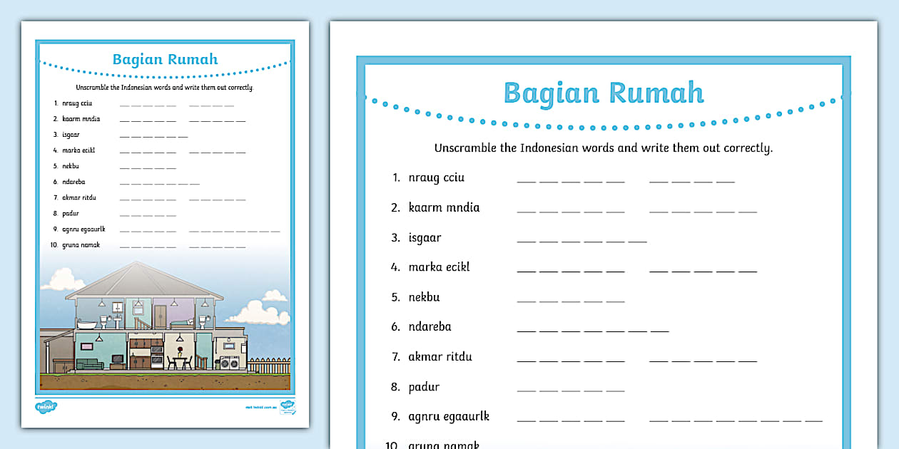 Parts of a House Word Scramble - Indonesian (teacher made)