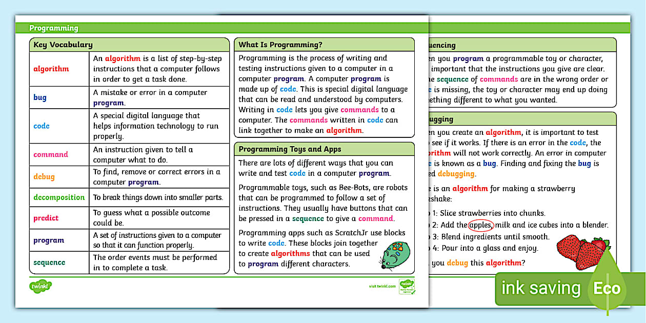 KS1 Programming Knowledge Organiser (teacher made) - Twinkl