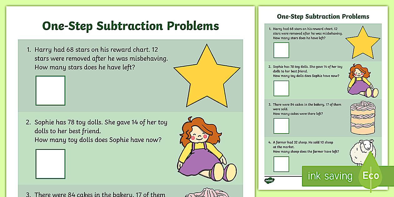 One-Step Subtraction Problems Worksheet - Twinkl