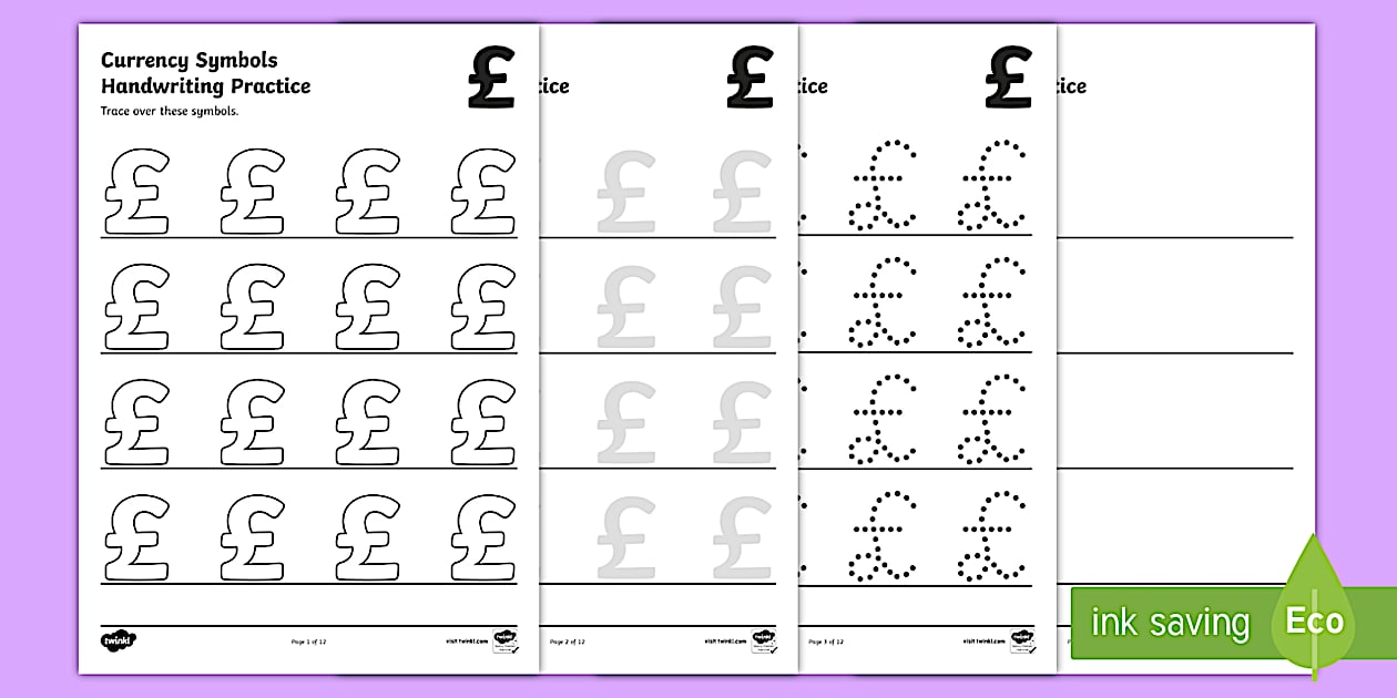 Currency Symbols Handwriting Practice Worksheet / Worksheet - Currency ...