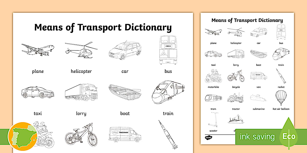 A2 Diccionario para colorear: Medios de transporte en inglés