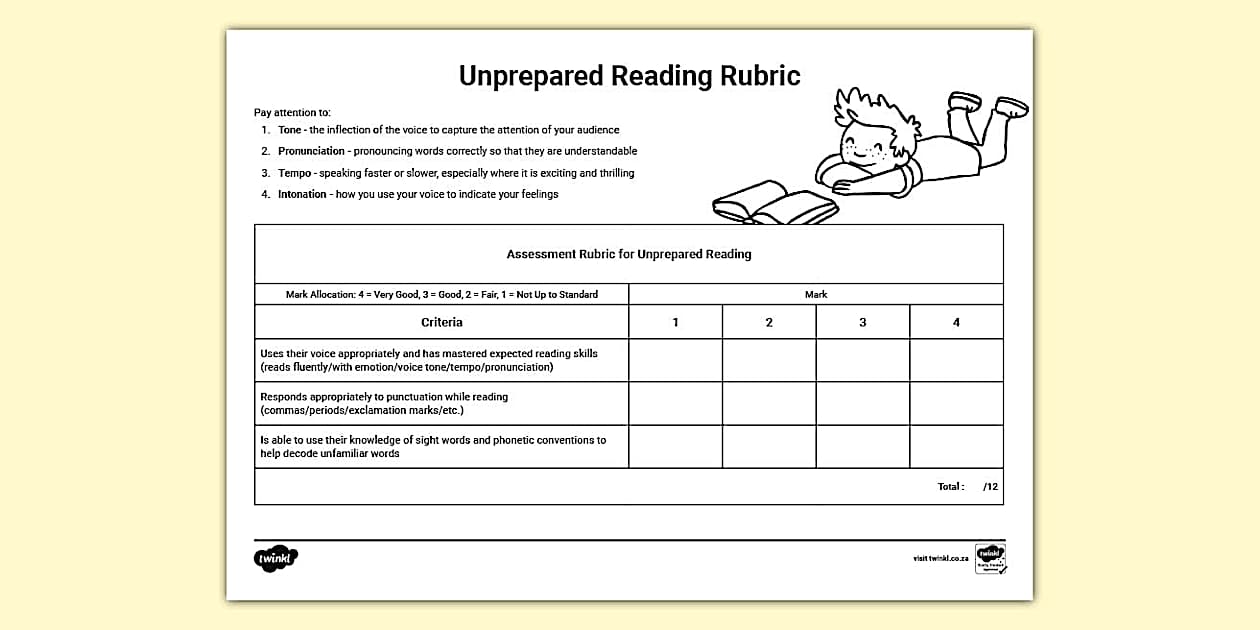 Unprepared English Reading Rubric