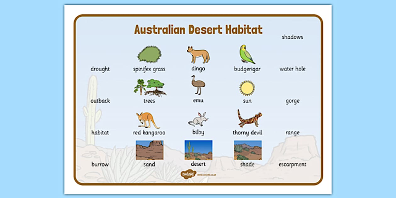 Black and White Australian Desert Habitat Word Mat - Twinkl