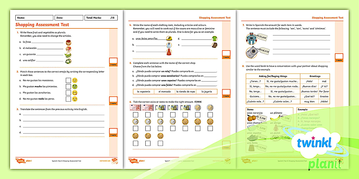 👉 Spanish: Shopping: Year 4 Assessment Test