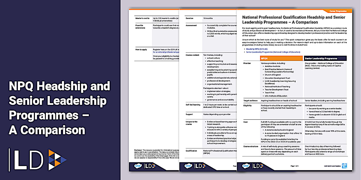 NPQ Headship and Senior Leadership Programmes - A Comparison