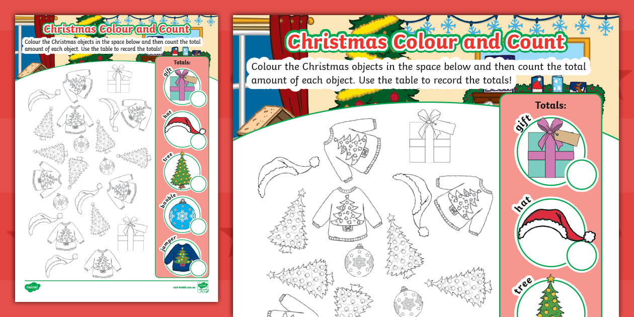 Christmas Colour and Count Worksheet (teacher made) - Twinkl