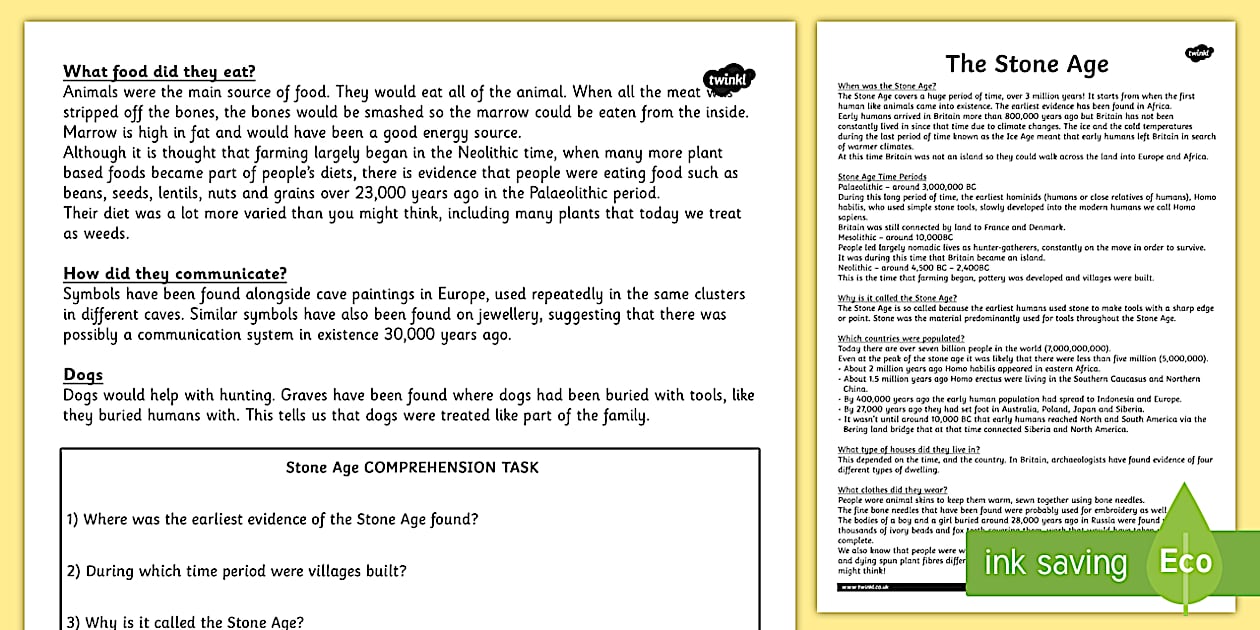 Editable Stone Age Reading Comprehension Activity - Twinkl