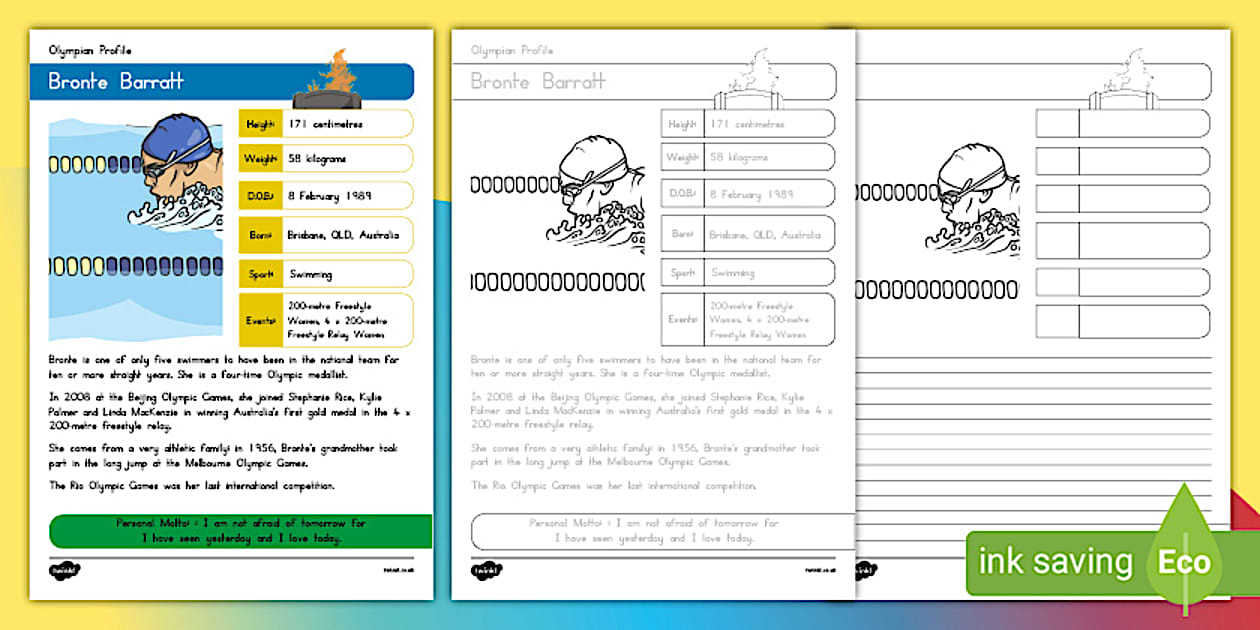 SA Australian Olympian Bronte Barratt Handwriting Practice Worksheets