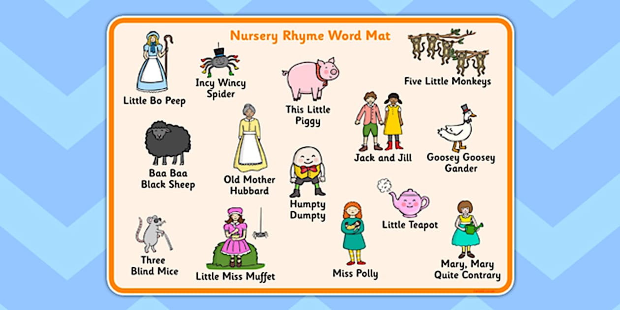 Black and White Nursery Rhyme Word Mat - Twinkl