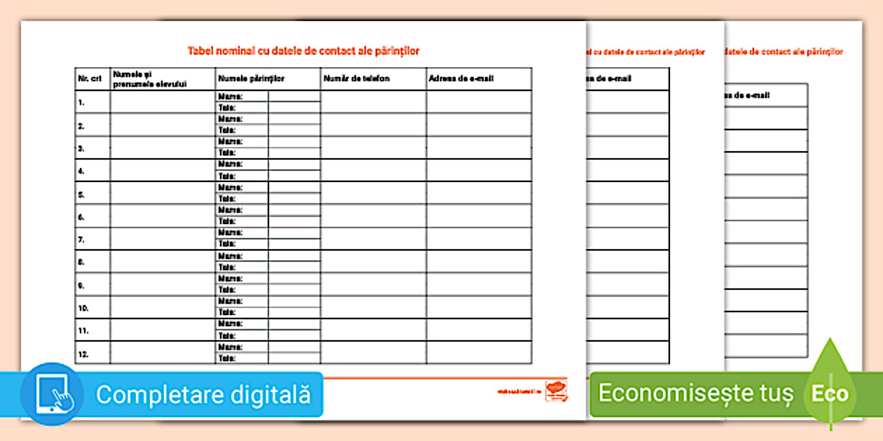 Tabel nominal cu datele de contact ale părinților - Twinkl