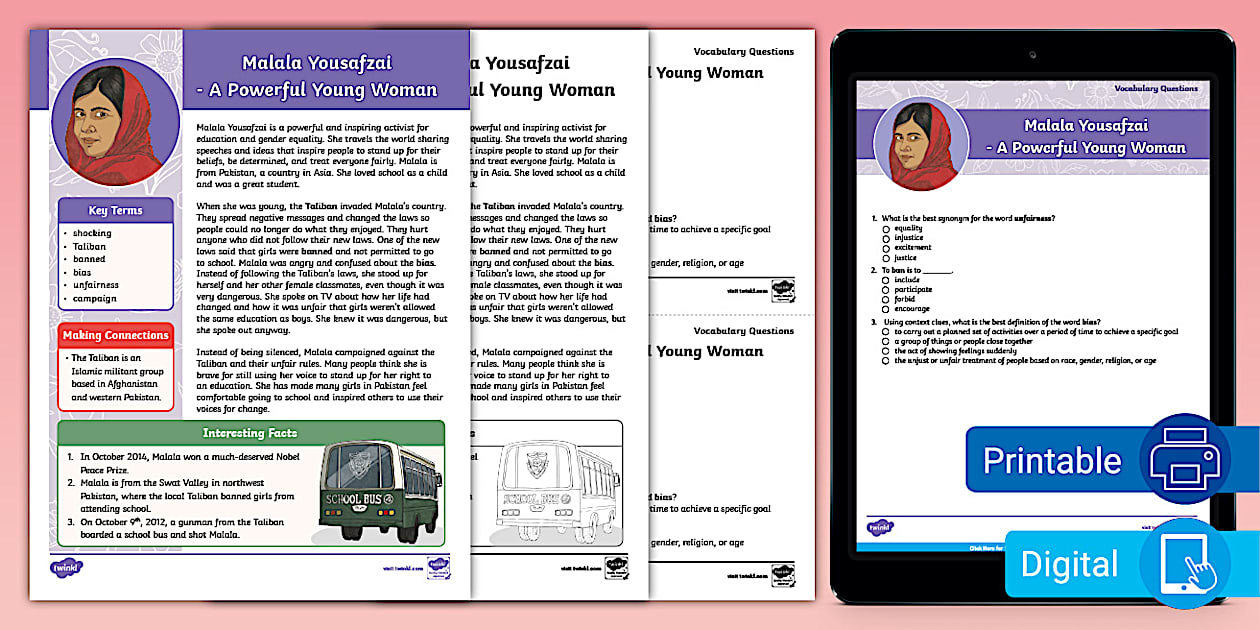Sixth Grade Malala Yousafzai Fact File and Vocab Questions