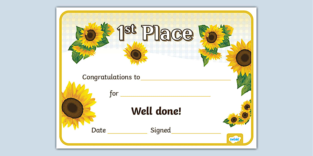 Sunflower-Themed First Place Certificate (Teacher-Made)