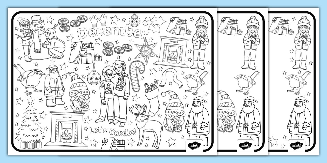 December Doodle Colouring Pages (teacher made) - Twinkl