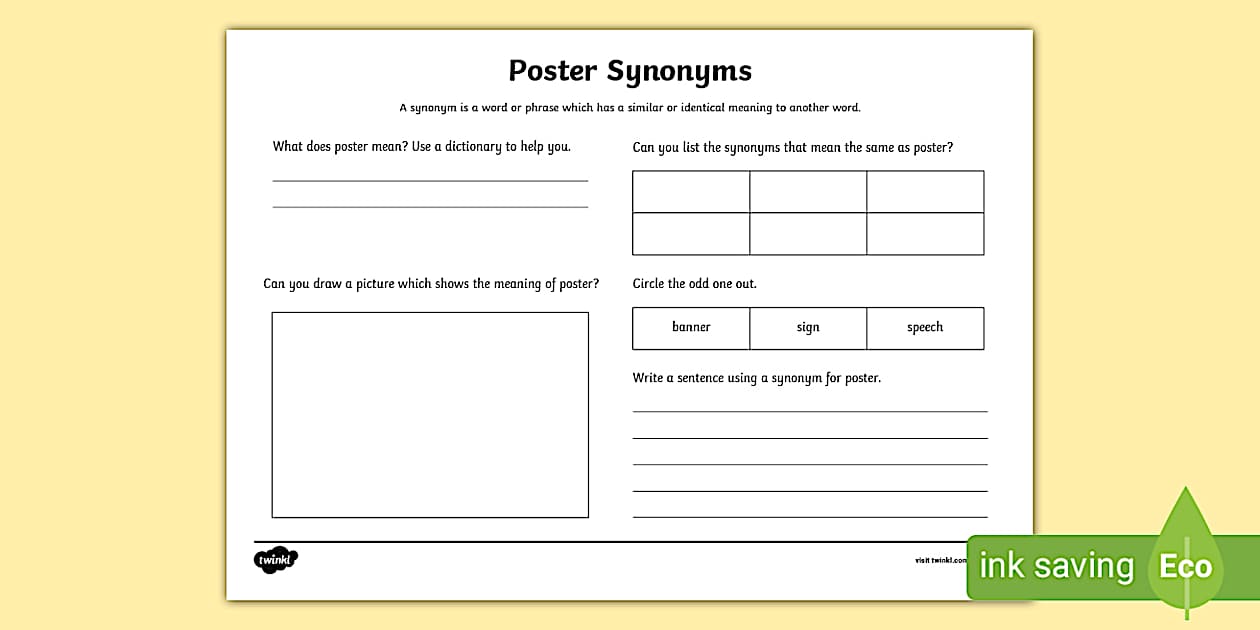 Poster Synonyms Worksheet (Hecho por educadores) - Twinkl