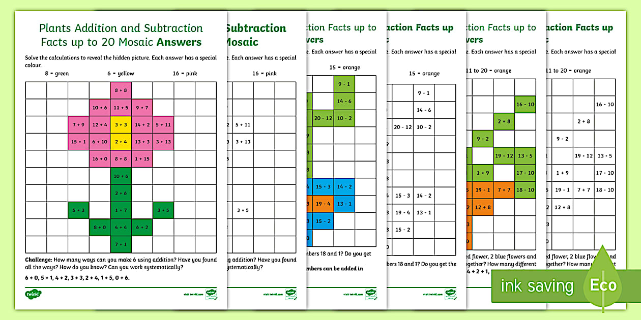 KS1 Plants Addition and Subtraction Facts up to 20 Maths Mosaic Worksheets