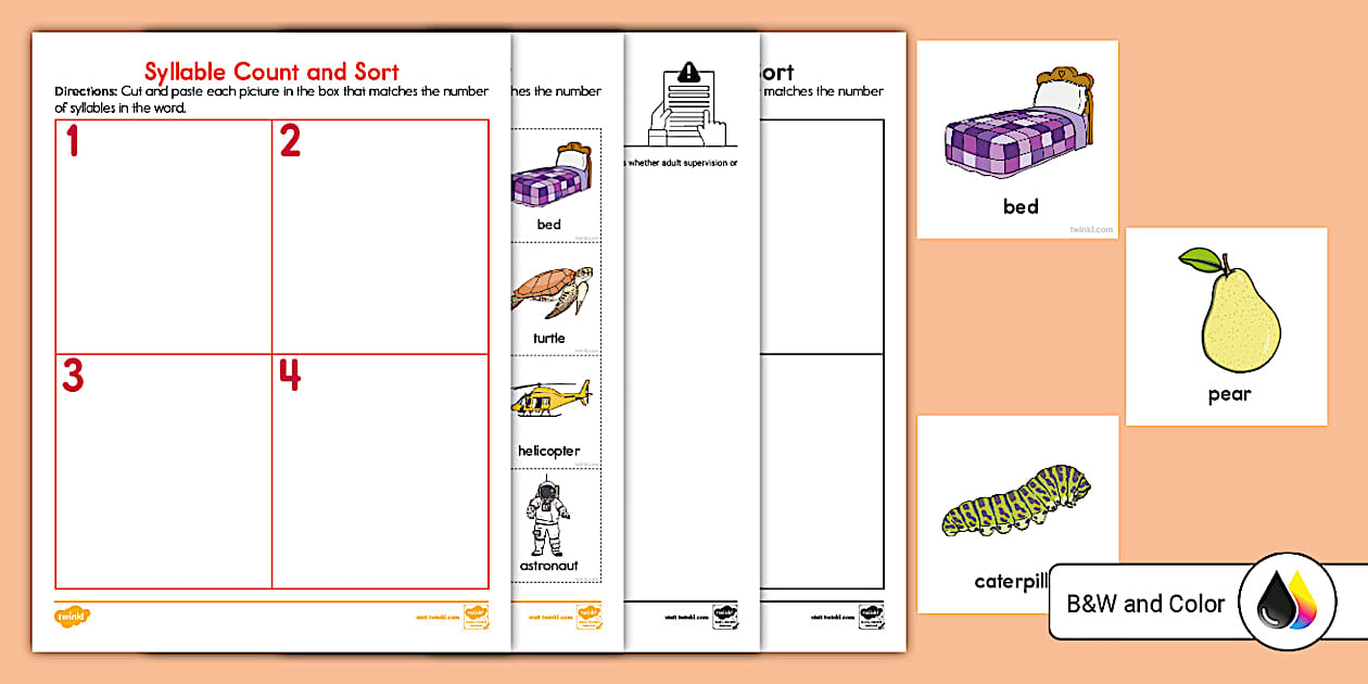 Kindergarten Syllable Count and Sort Cut and Paste Worksheet