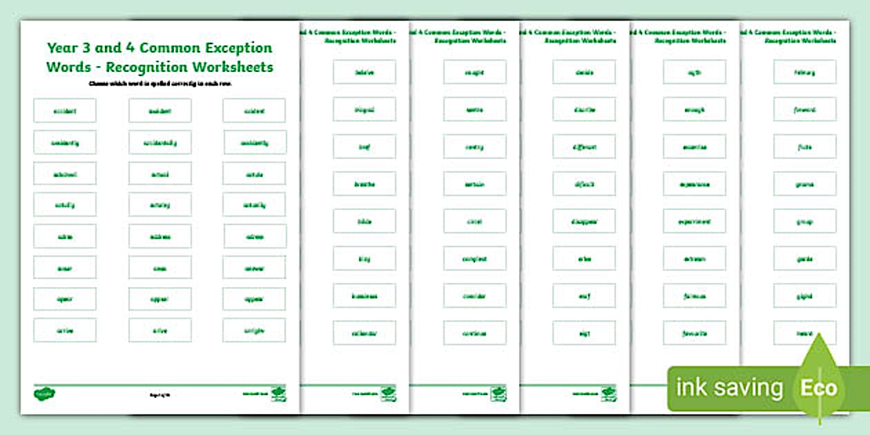 Year 3 and 4 Common Exception Words - Recognition Worksheets