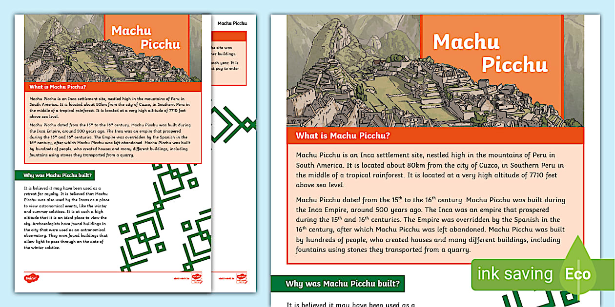 Reading Comprehension Homework Week 21 Machu Picchu 3rd/4th Class