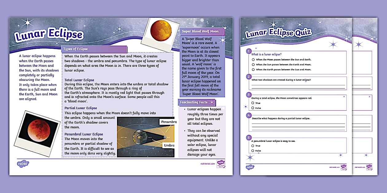 KS2 Lunar Eclipse/Partial Eclipse Fact File and Quiz
