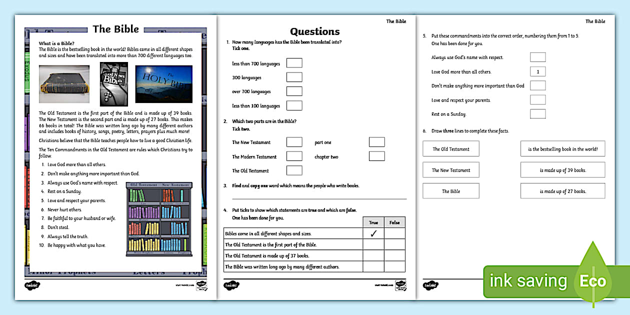 Editable Practice Reading Tests Year 2 & 3 The Bible Activity Booklet