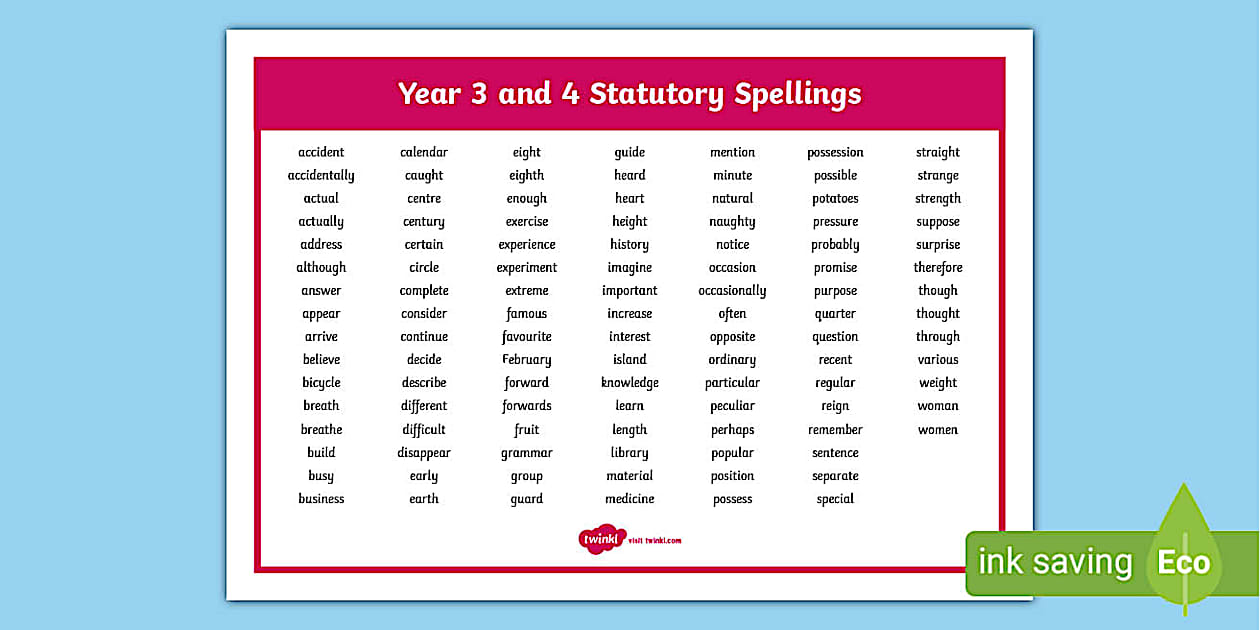Statutory Spellings Years 3 and 4 | Spelling Words Mat