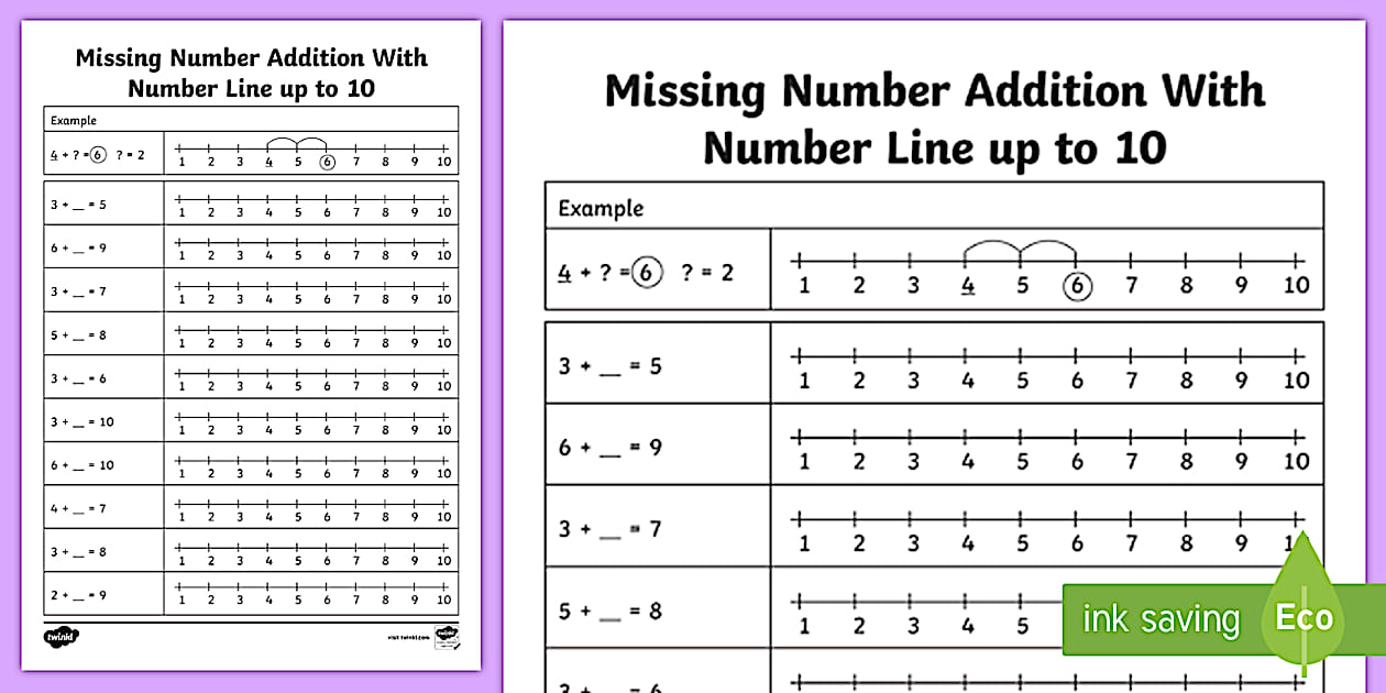 Editable Missing Number Addition with a Number Line up to 10 Worksheet