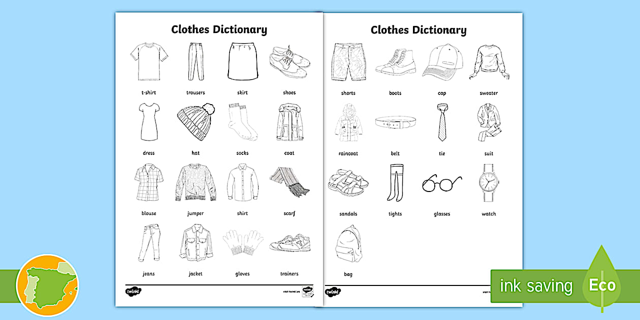 A2 Diccionario para colorear: Ropa - inglés - Twinkl