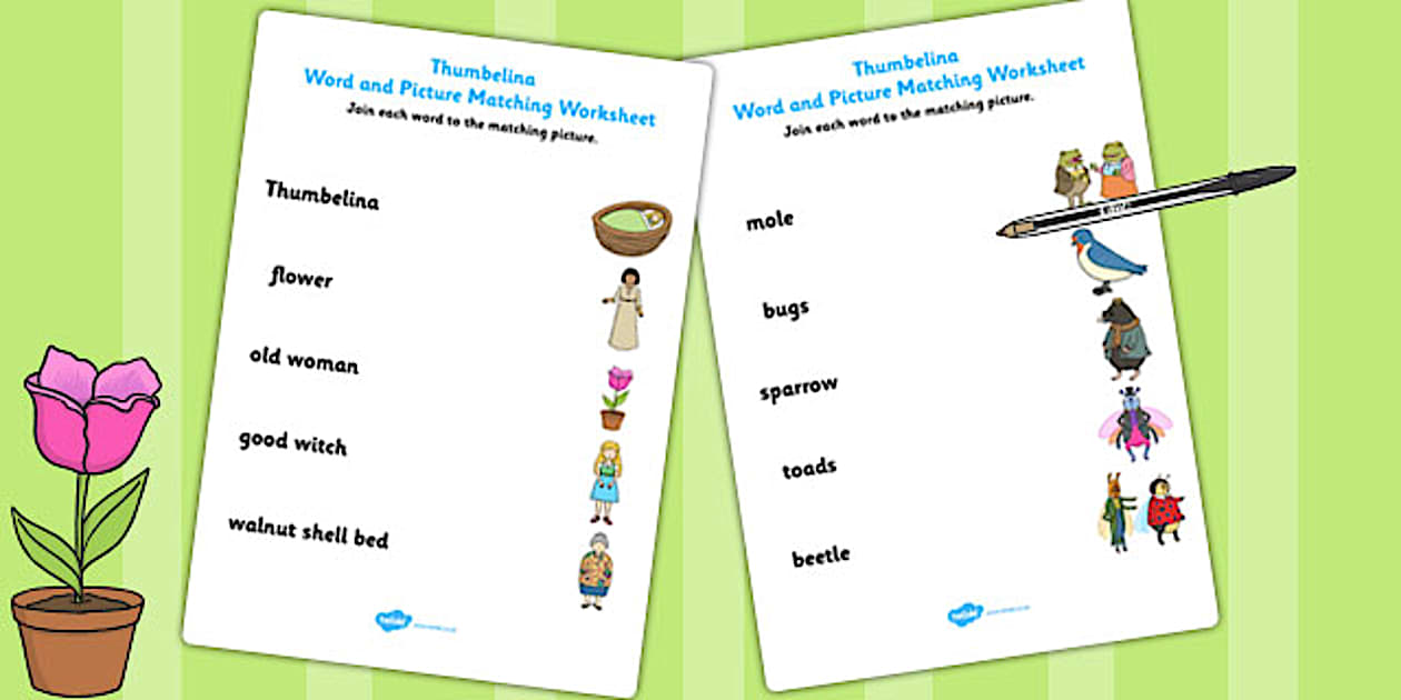 Thumbelina Word and Picture Matching Worksheet - Twinkl