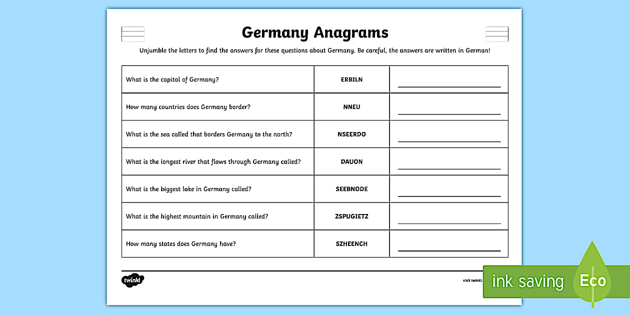 Germany Facts Anagrams Puzzle - German (teacher made)