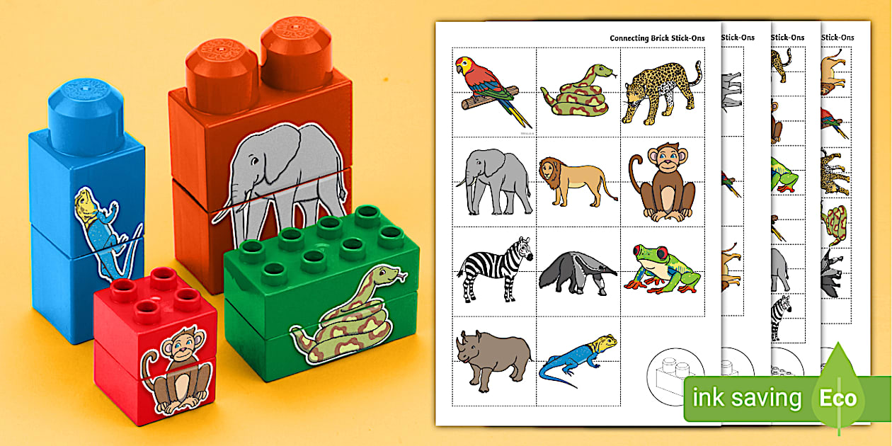 Safari Animals Matching Connecting Bricks Game - Twinkl